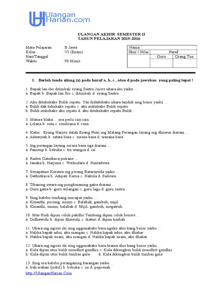 Soal UKK Bahasa Jawa Kelas 6 SD Semester 2 | PDF