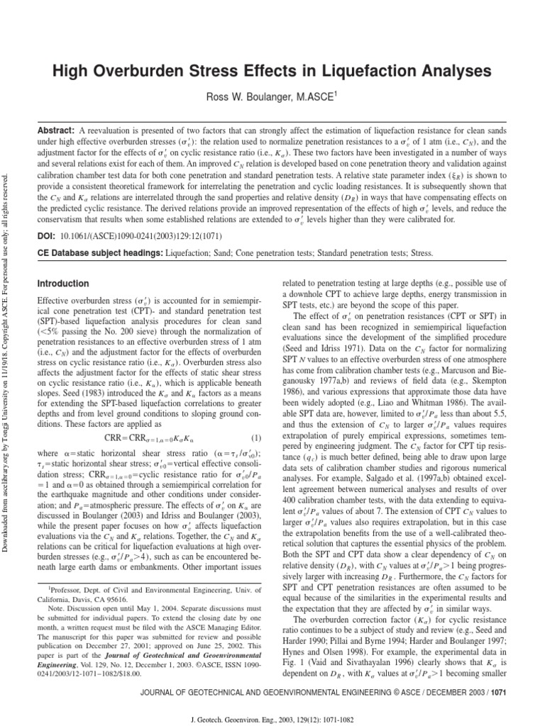 Bowlanger - High Overburden Stress Effect in Liquefaction Analysis ...