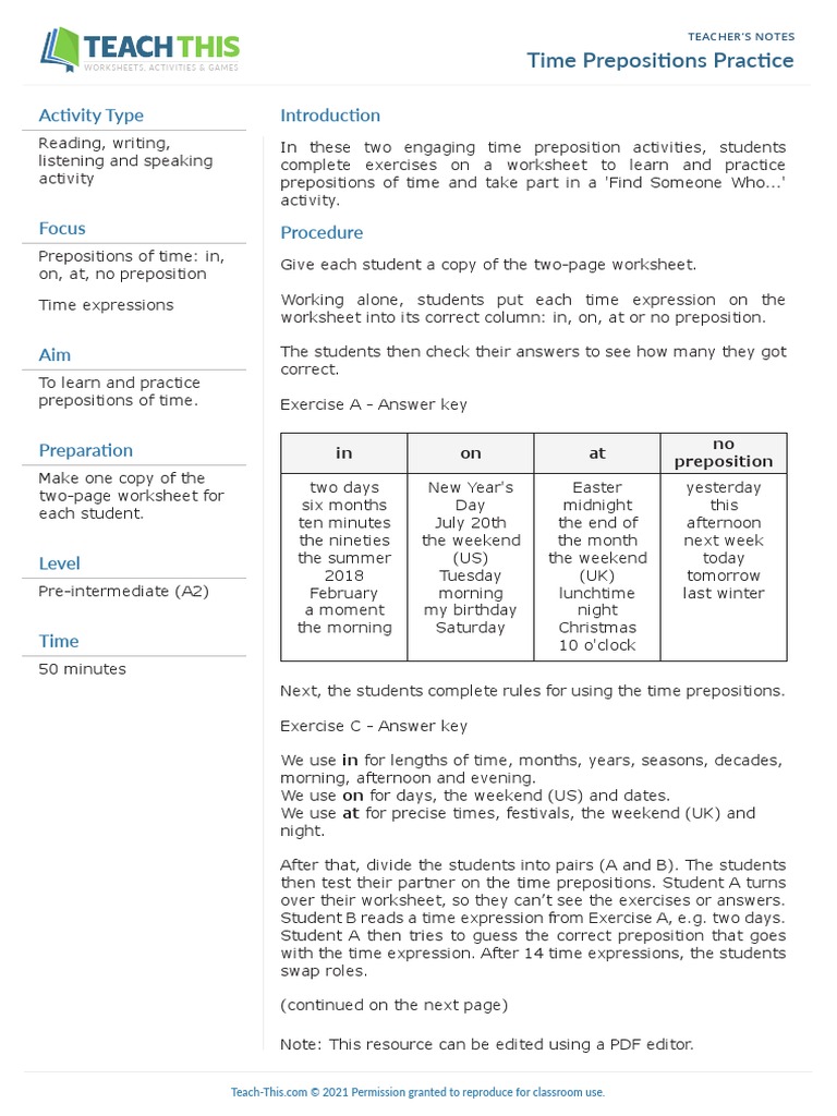 Time Prepositions Practice | PDF