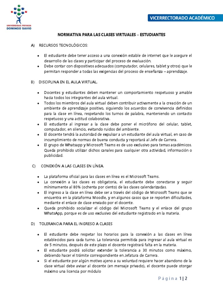 Normativa para Las Clases Virtuales - Final PDF | PDF | Salón de clases ...