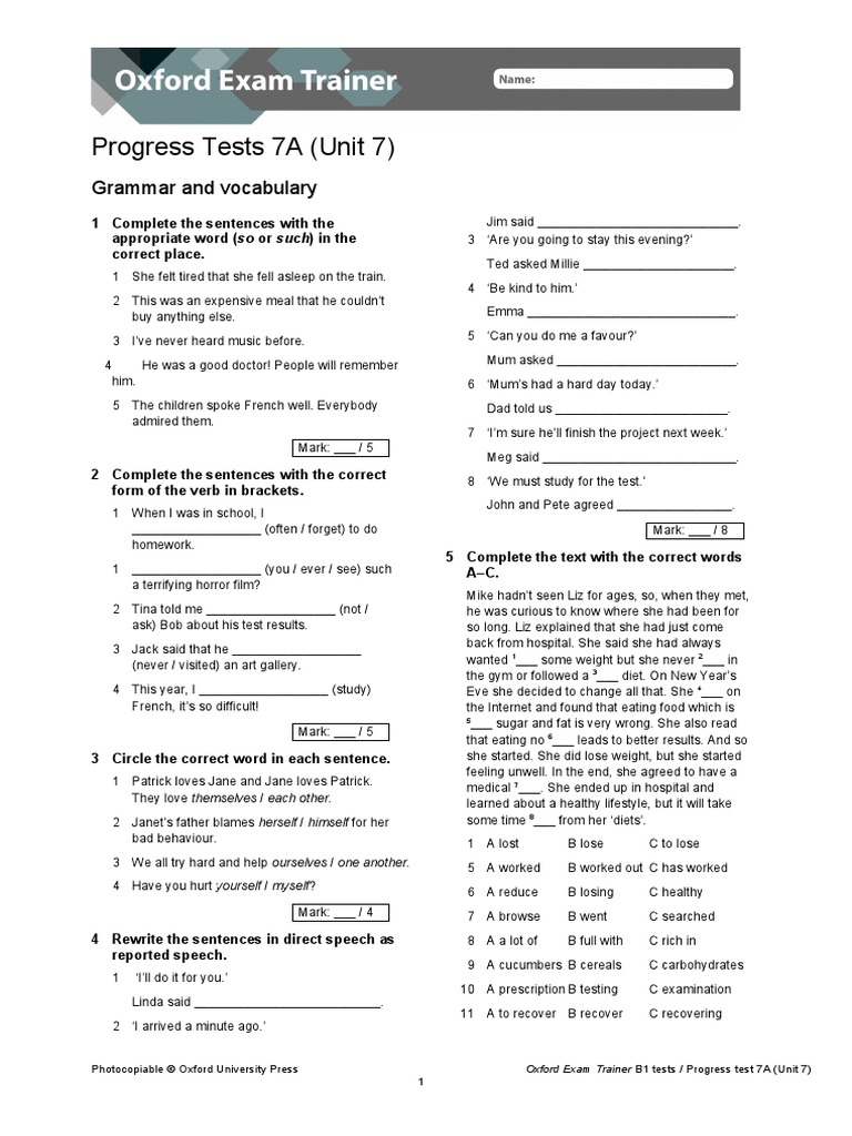 Progress Tests 7A (Unit 7) : Grammar and Vocabulary | PDF | Foods ...