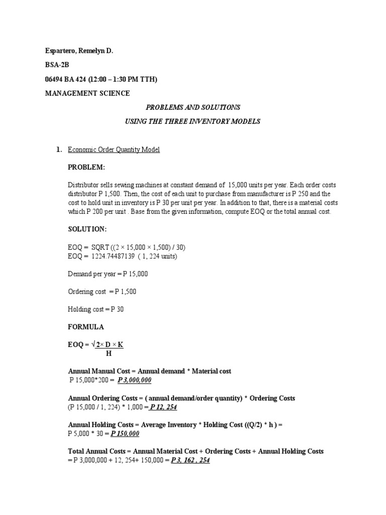 Ba 424 Inventory Models Problems and Solution | PDF | Inventory | Economies