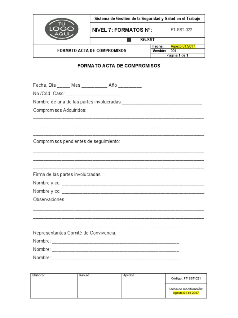 FT-SST-022 Formato Acta de Compromisos | PDF FT-SST-022 Formato Acta de Compromisos | PDF
