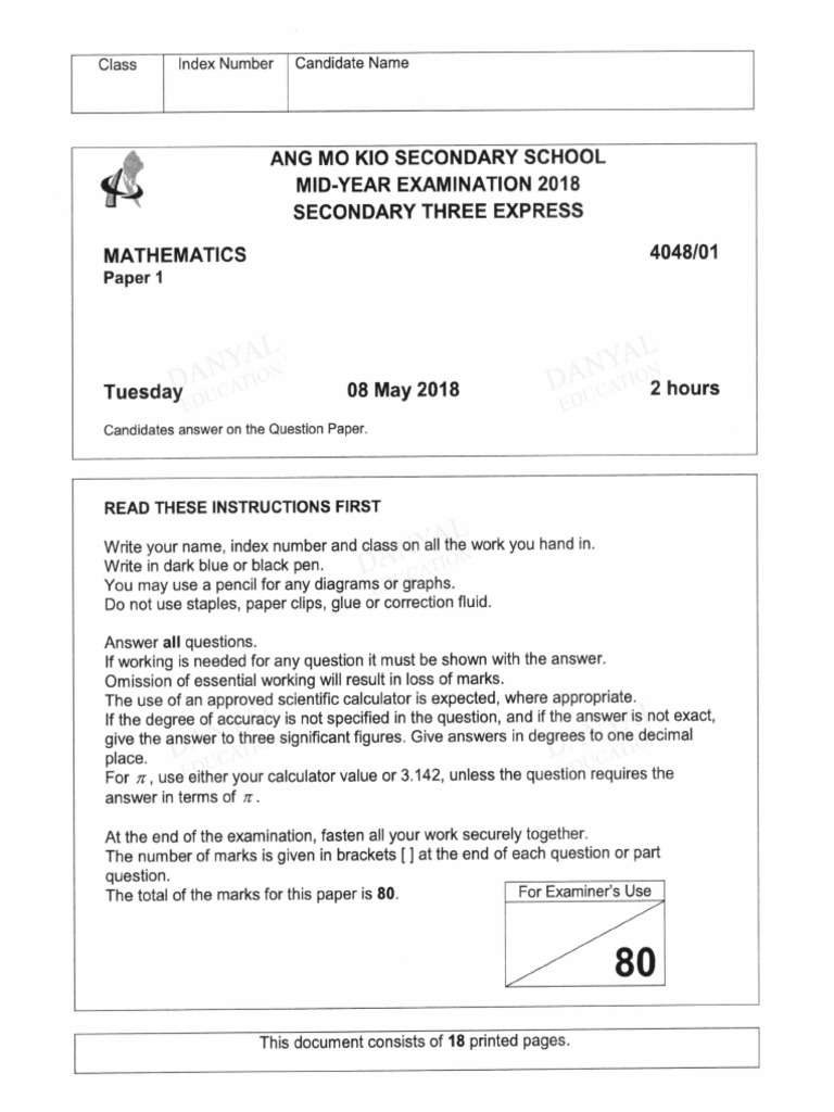 AMKSS Sec 3 Math Mid-Year Exam 2018 | PDF | Hard Disk Drive | Triangle