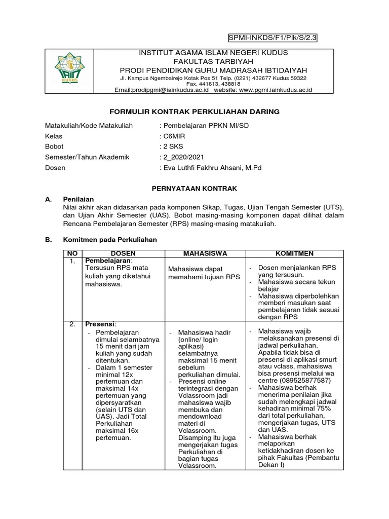 New Kontrak Perkuliahan Pembelajaran PPKN MI-SD PGMI C | PDF