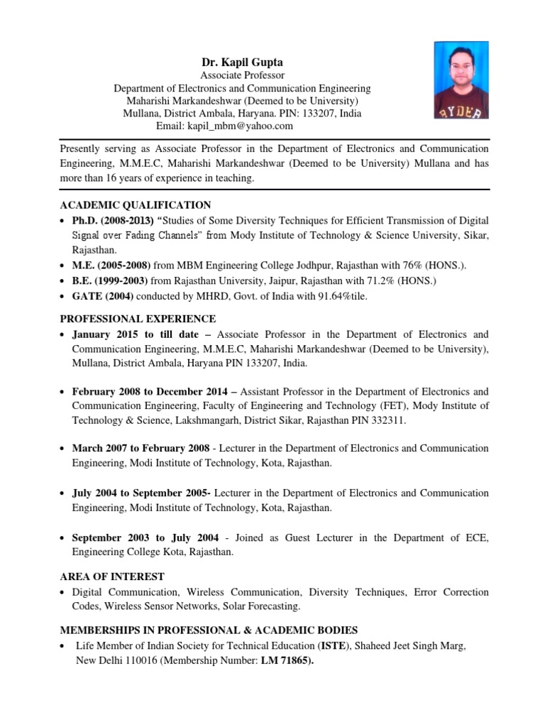 CV - Dr. Kapil Gupta | PDF | Information Technology | Electrical Engineering