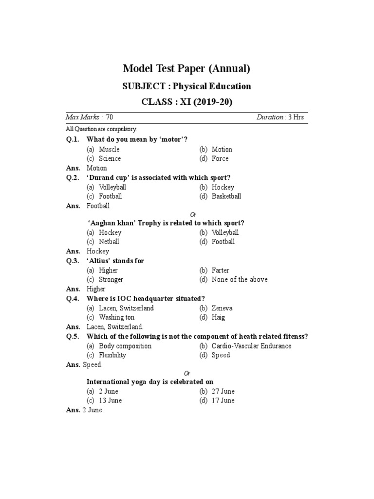 Class XI Physical Education Model Test | PDF | Blood Vessel | Human Body