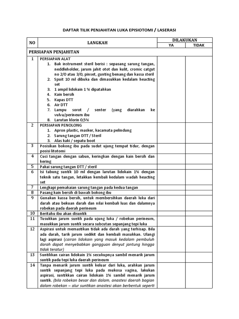 Daftar Tilik Penjahitan Luka Episiotomi | PDF