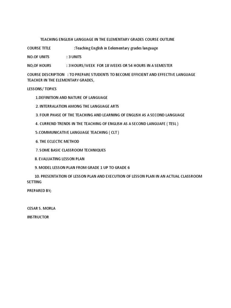 Teaching English Language in The Elementary Grades Course Outline | PDF ...