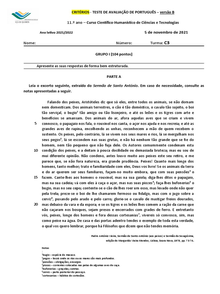 CRITÉRIOS 1 Teste 11C3 SERMÃO Versão B-2021-22 | PDF | Liberdade | Peixes
