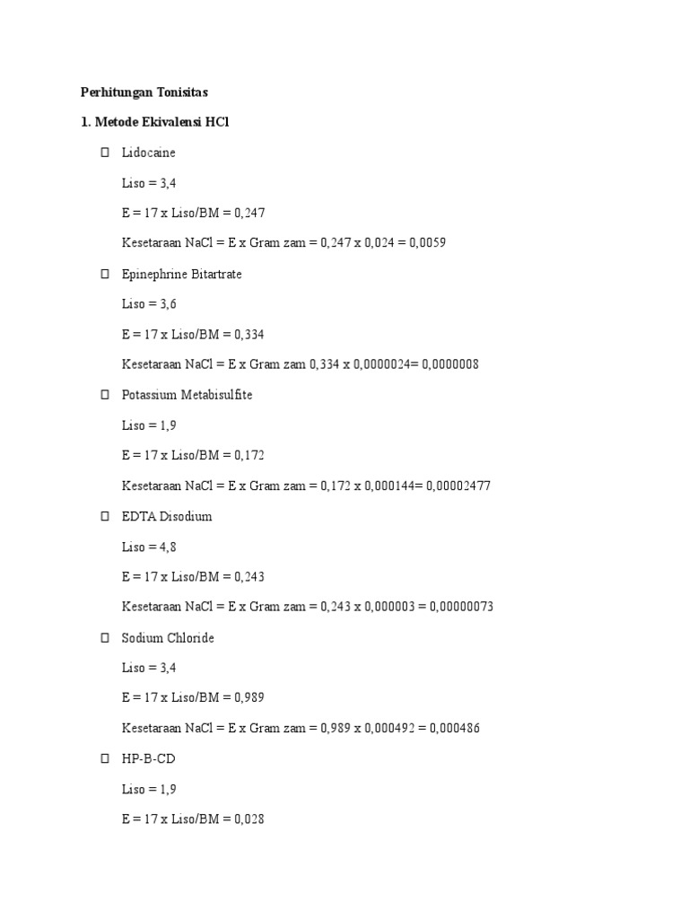 Perhitungan Tonisitas 1. Metode Ekivalensi HCL | PDF | Sodium | Sodium ...