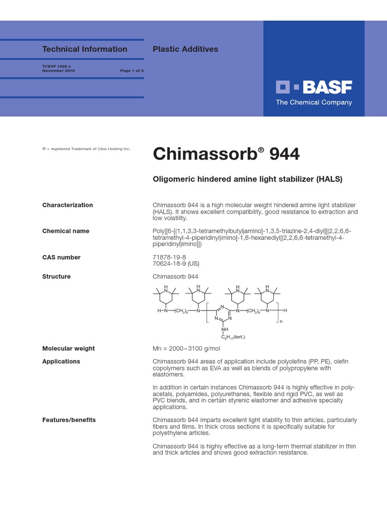 Chimassorb 944 Tds | PDF | Polyethylene | Chemistry