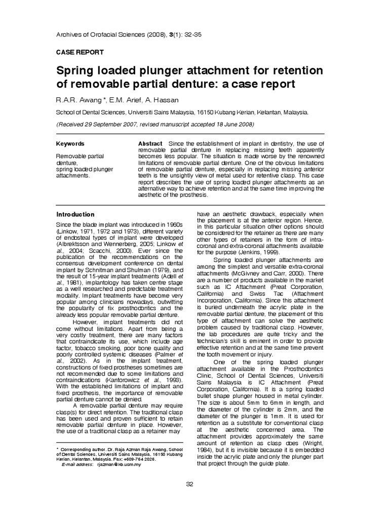 Spring Loaded Plunger Attachment For Retention of Removable Partial ...