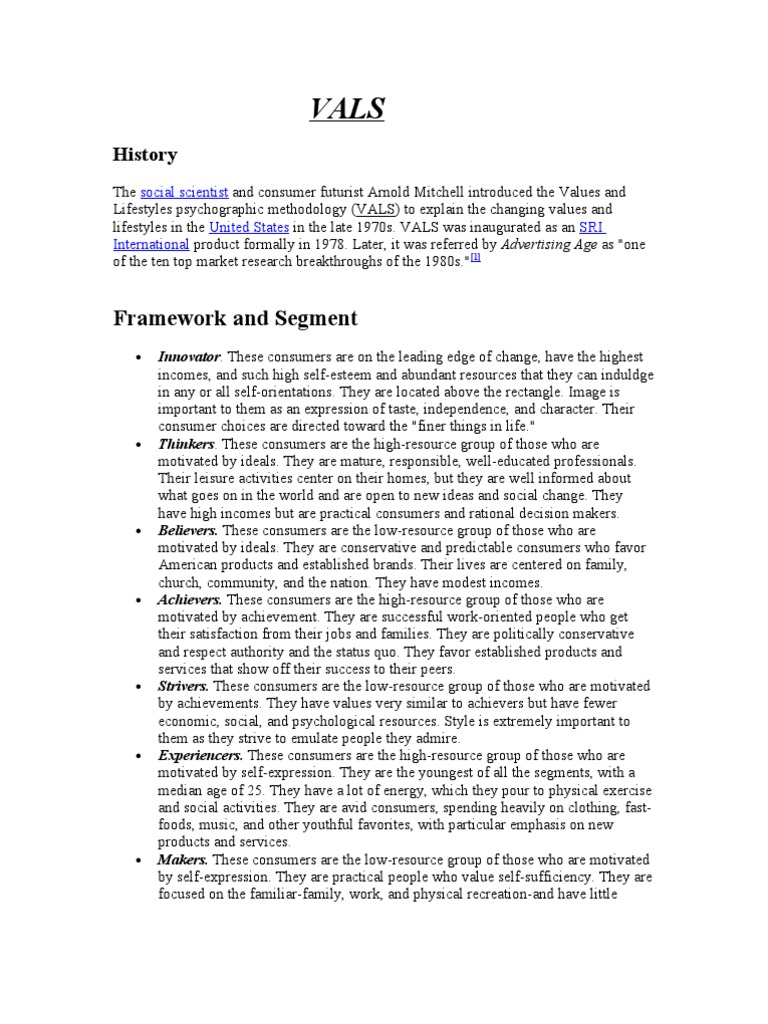 VALS Framework: Consumer Segmentation | PDF | Economies | Behavioural ...