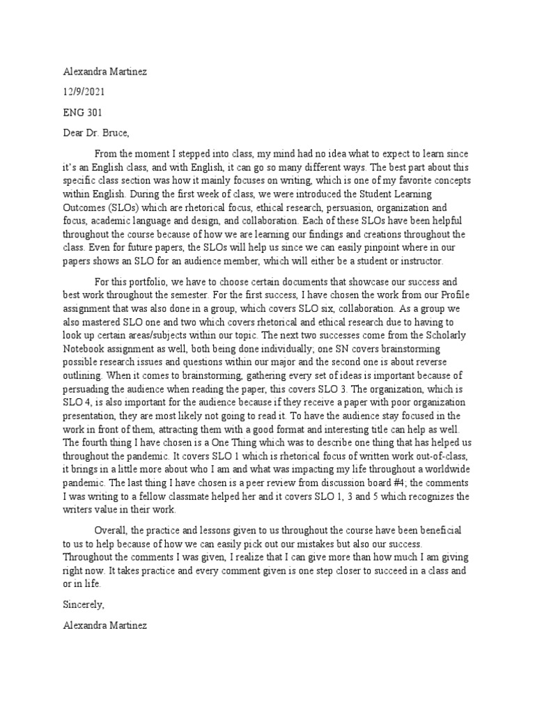 ENG 301 Writing Portfolio Reflection | PDF | Teaching | Human Communication
