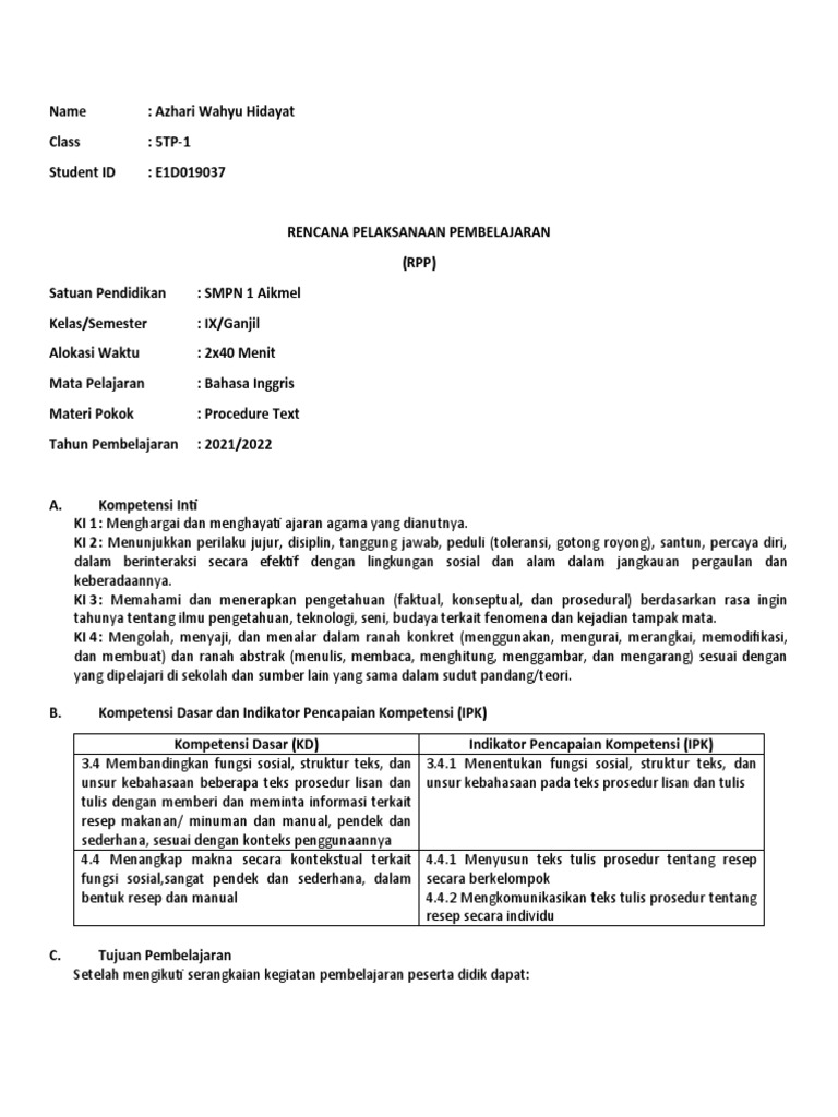 RPP Kelas IX Ganjil - Procedure Text | PDF | Karier & Perkembangan | Seni