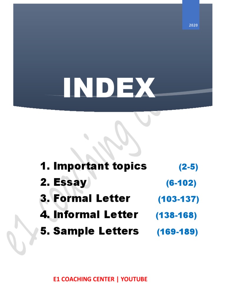 Index: 1. Important Topics 2. Essay 3. Formal Letter 4. Informal Letter ...