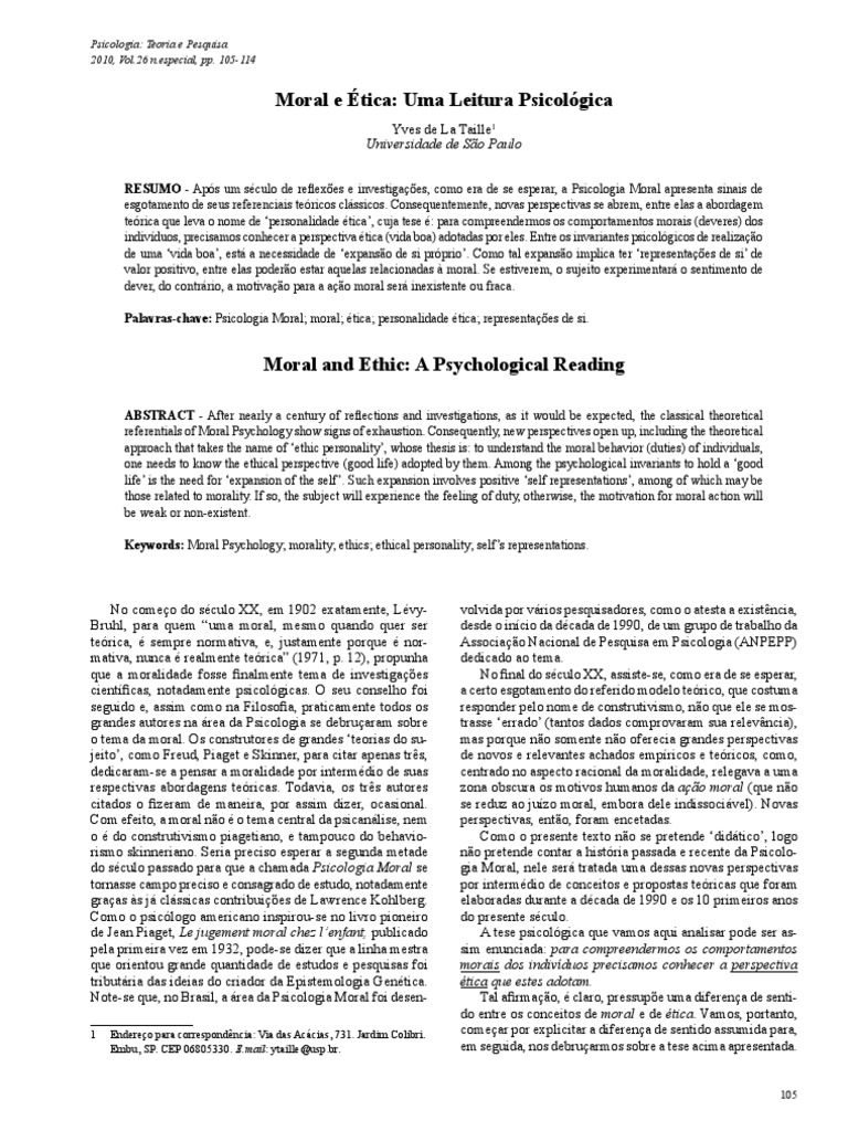 Leitura Complementar Aula 02 - Moral e Ética Uma Leitura Psicológica | PDF