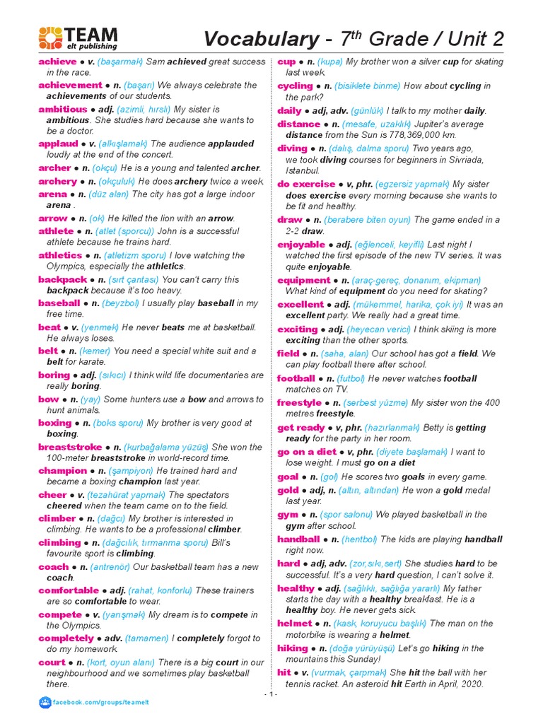 Vocabulary - 7: Grade / Unit 2 | PDF | Recreation | Sports