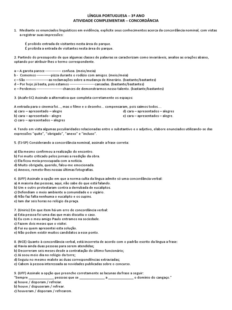 Atividade Complementar 3 - Concordância | PDF | Linguística