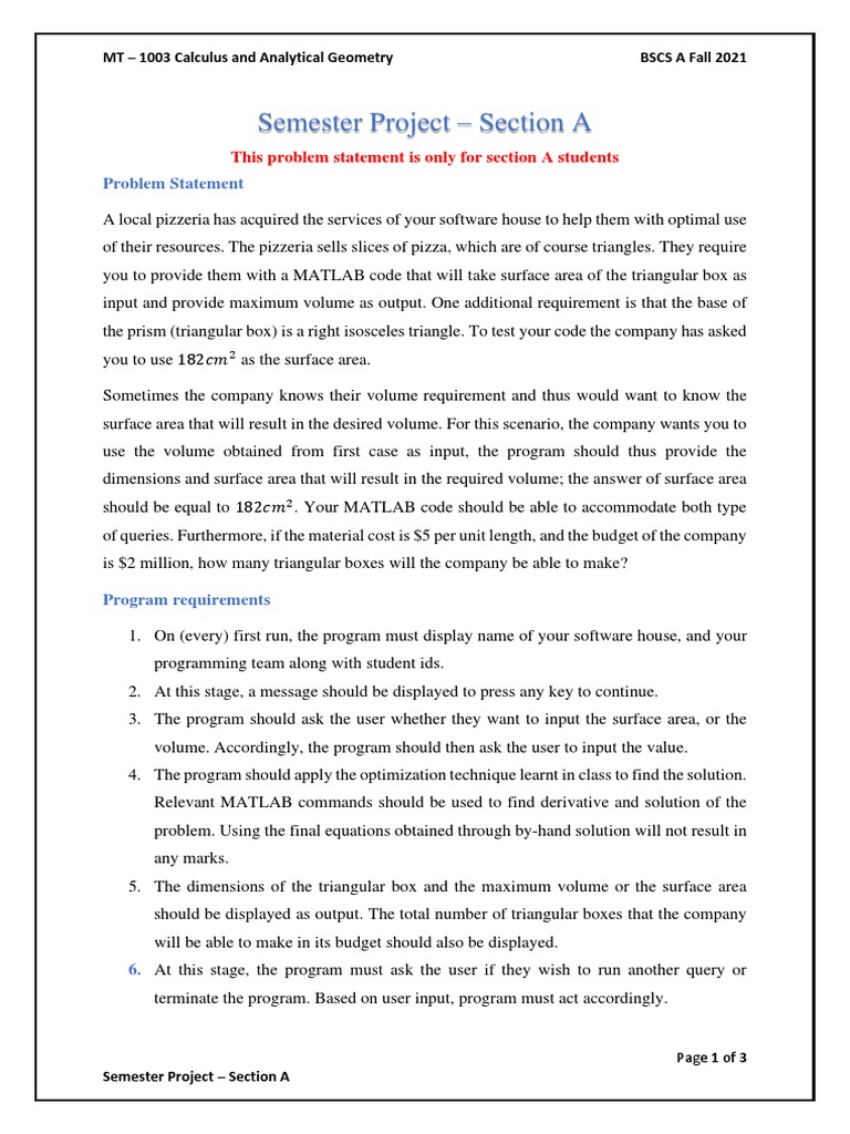 Semester Project - Section A: Problem Statement | PDF | Area | Matlab