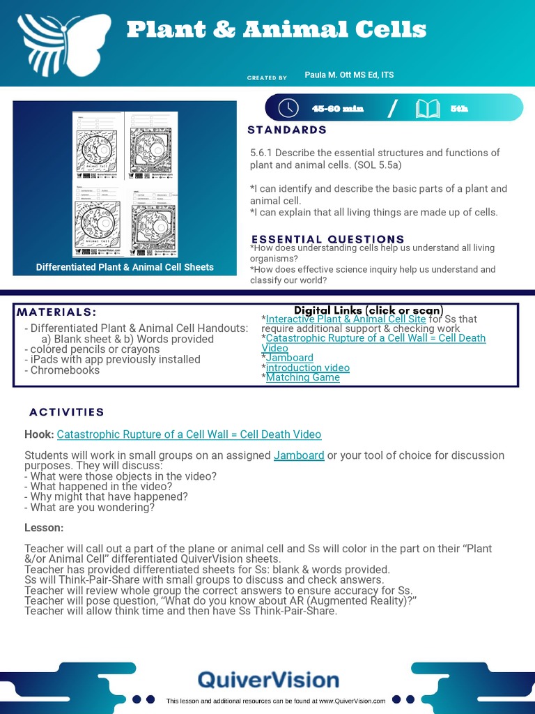 QV Activity Plan Plant and Animal Cells | PDF | Learning | Cognition