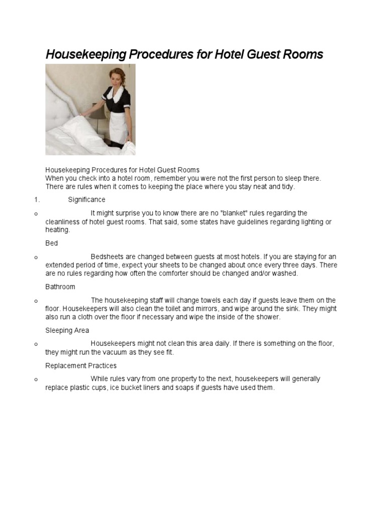 Housekeeping Procedures For Hotel Guest Rooms | PDF | Dust | Waste ...
