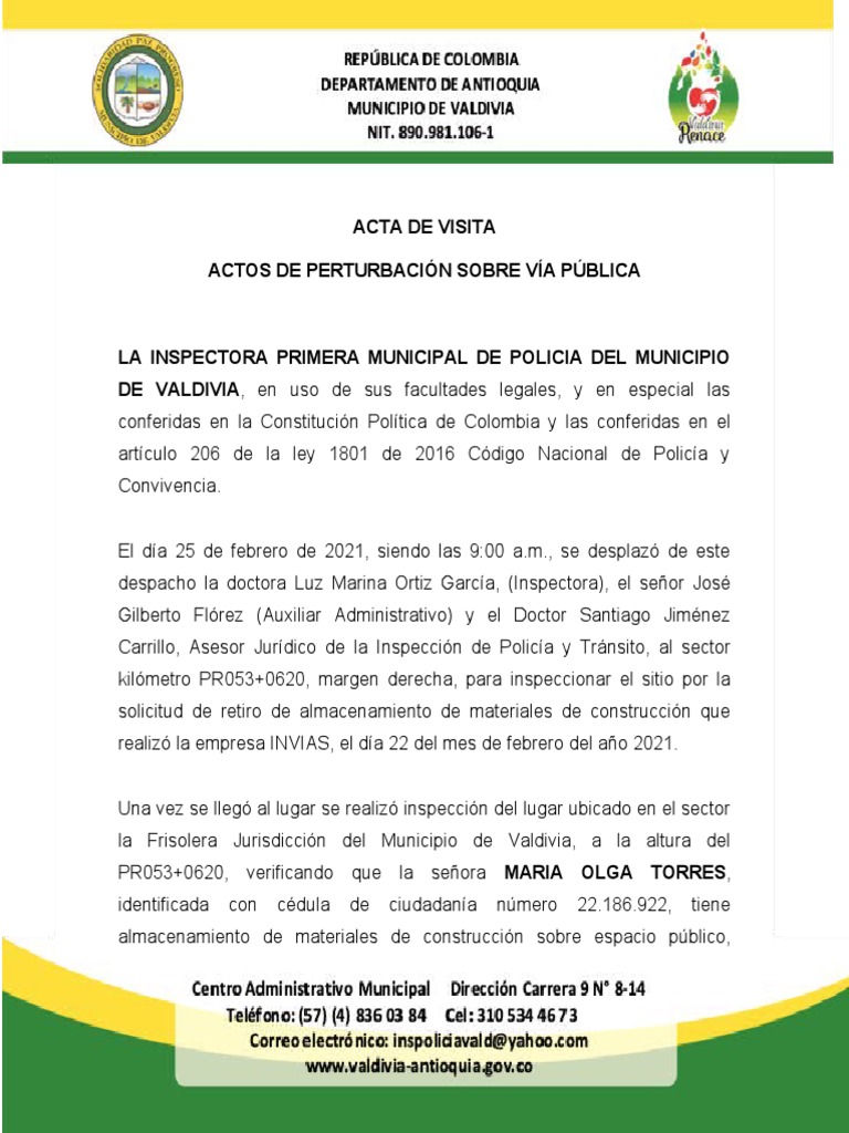 Acta de Inspección Queja Invias Via Pùblica Maria Olga Torres | PDF