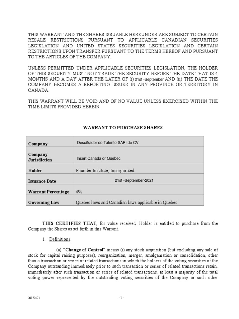 FI Warrant - Quebec - Form | PDF | Stocks | Securities (Finance)