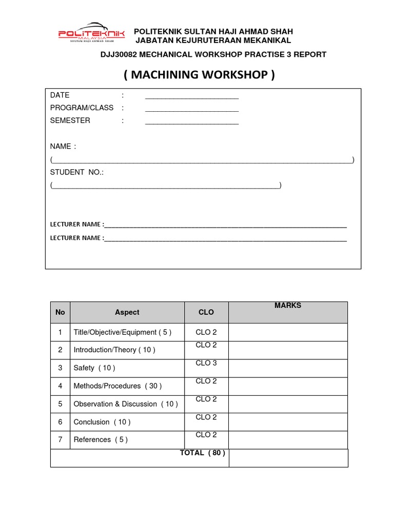 DJJ30082 Report Format Machining | PDF
