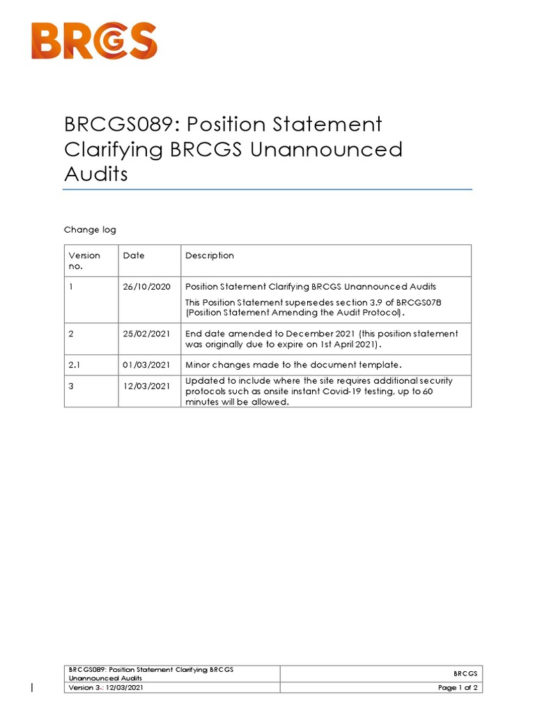 BRCGS089: Position Statement Clarifying BRCGS Unannounced Audits | PDF | Audit | Justice