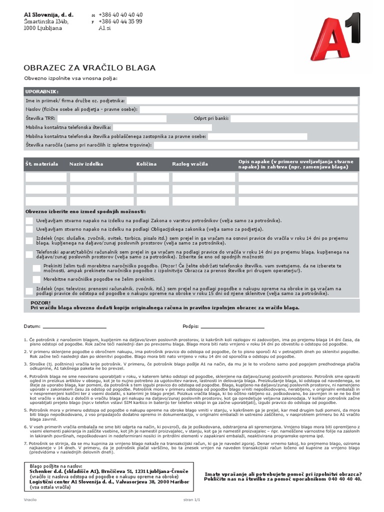 A1 Obrazec Vracilo Blaga OKT20 | PDF