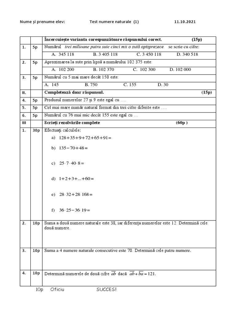 TEST NUMERE NATURALE Clasa 5 Semestrul 1 | PDF