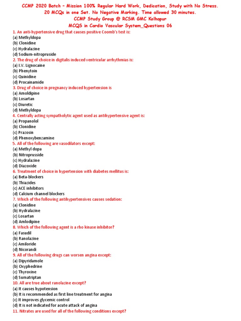 CVS MCQS 06 Q | PDF | Medicine | Medical Treatments