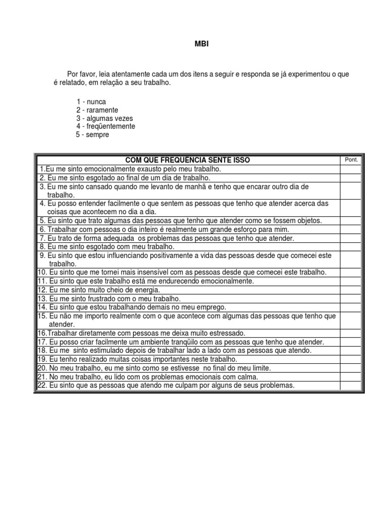 Escala Mbi - Burnout Inventory | PDF | Burnout ocupacional