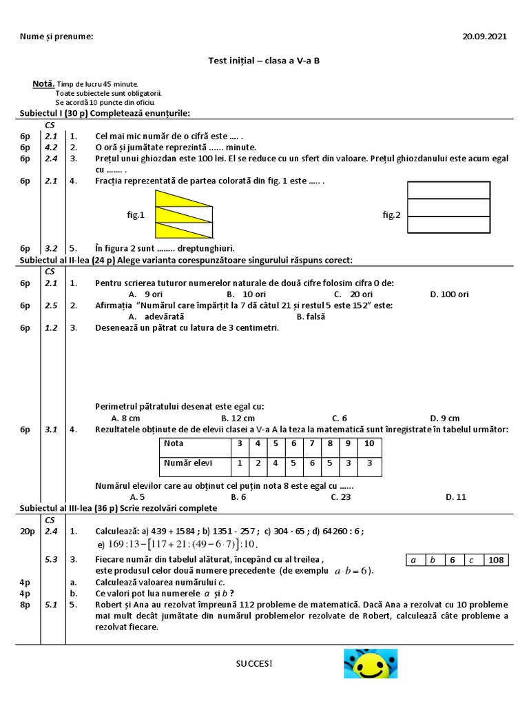 Test Clasa 5 Matematica Semestrul 1 | PDF