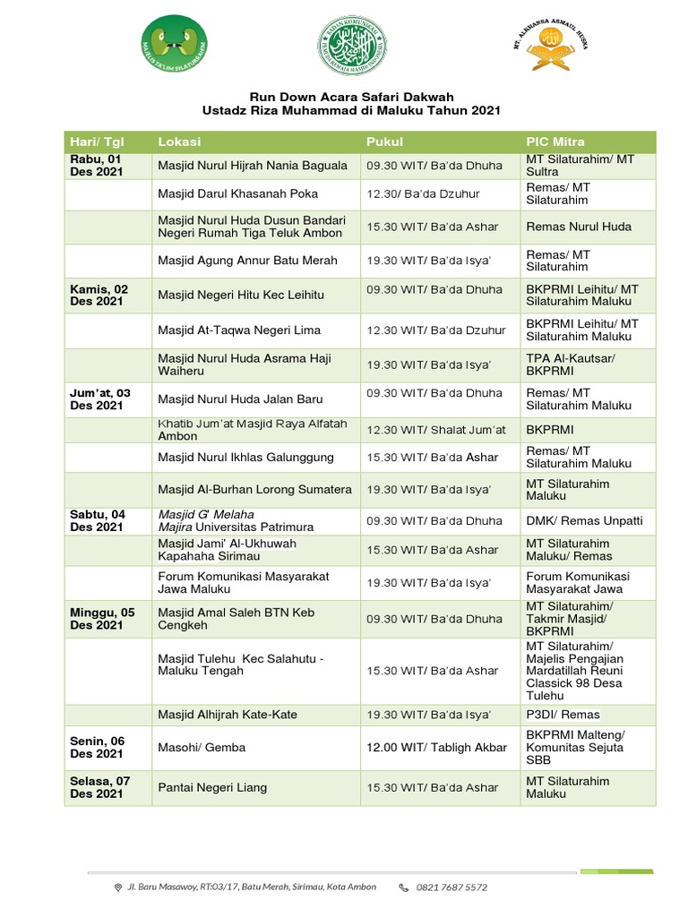 Rundown Acara Safari Dakwah Riza Muhammad Di Maluku | PDF