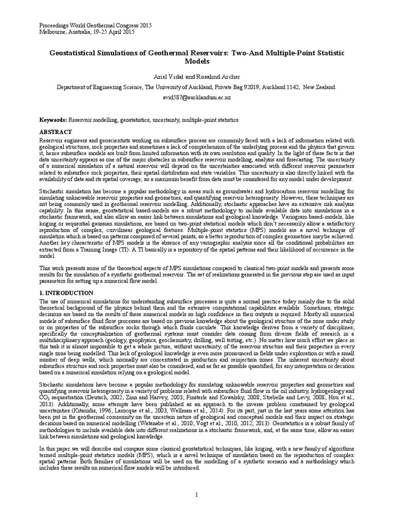 Geostatistical Simulations of Geothermal Reservoirs: Two-And Multiple-Point Statistic Models ...