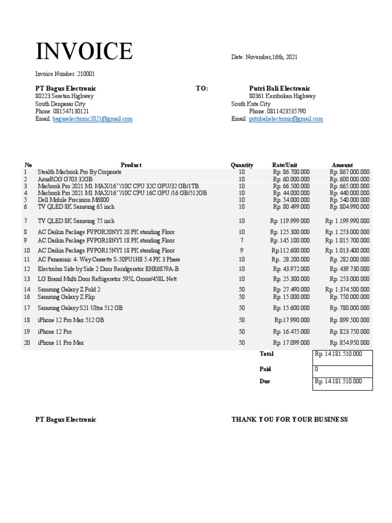 English Invoice for PT Bagus Electronic | PDF | Smart Devices ...