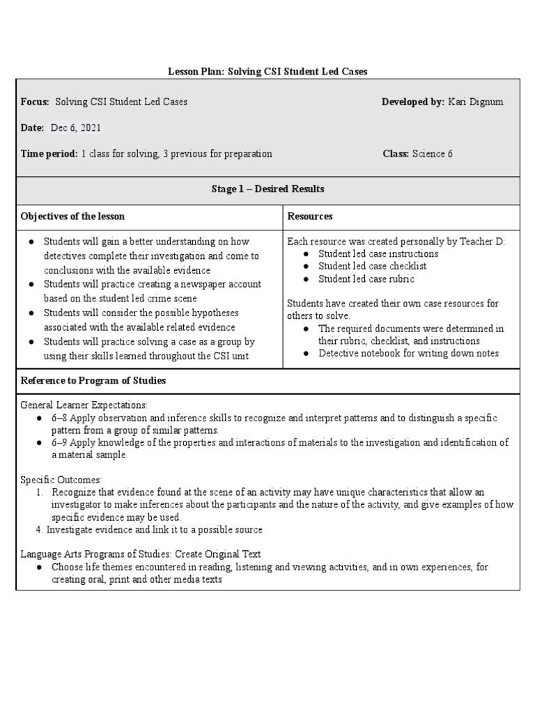 Lesson Plan Solving Crimes | Download Free PDF | Lesson Plan | Forensic ...