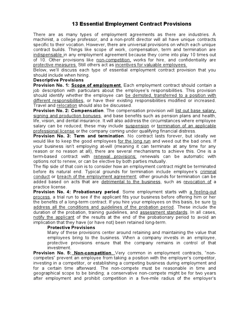 13 Essential Employment Contract Provisions | PDF | Employment | Common Law
