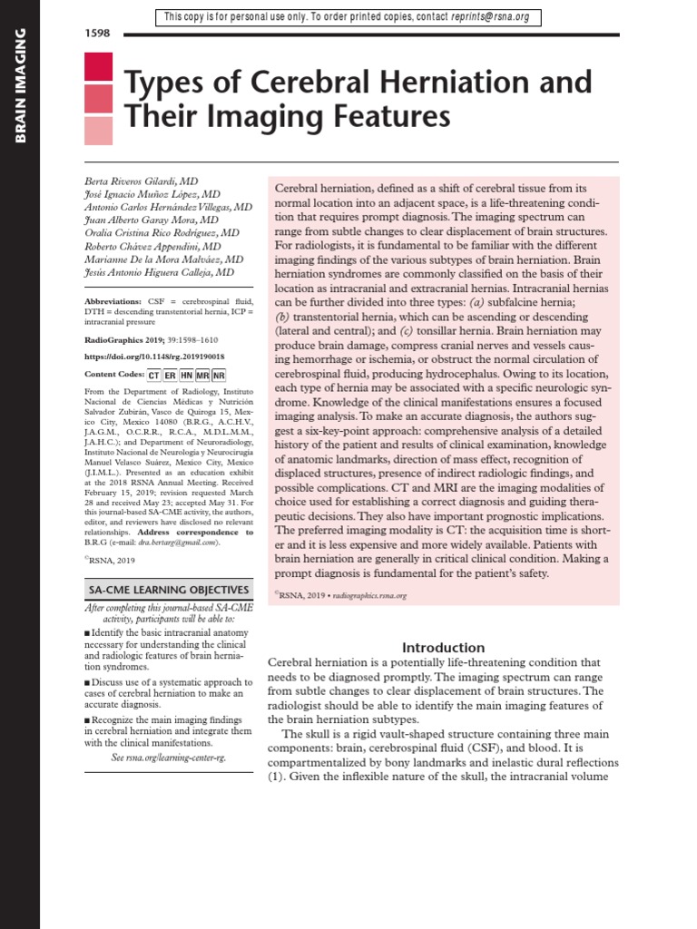 Types of Cerebral Herniation and RX | PDF | Cerebrospinal Fluid | Brainstem