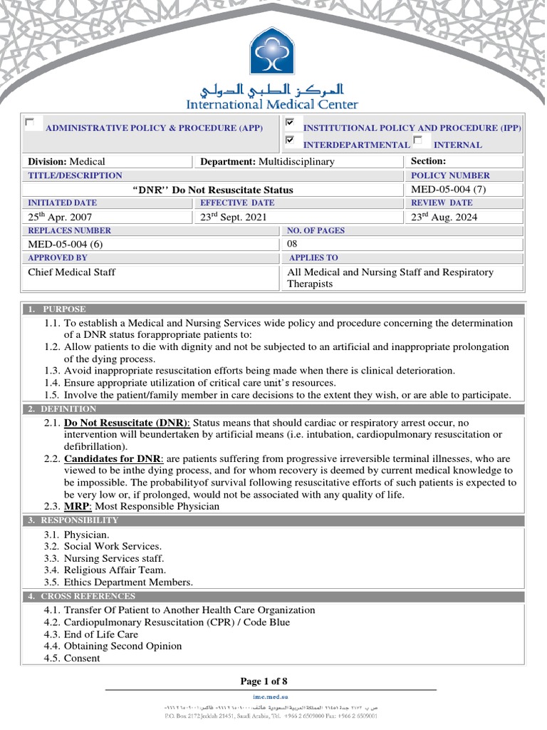"DNR'' Do Not Resuscitate Status: Division: Department: Section | PDF ...