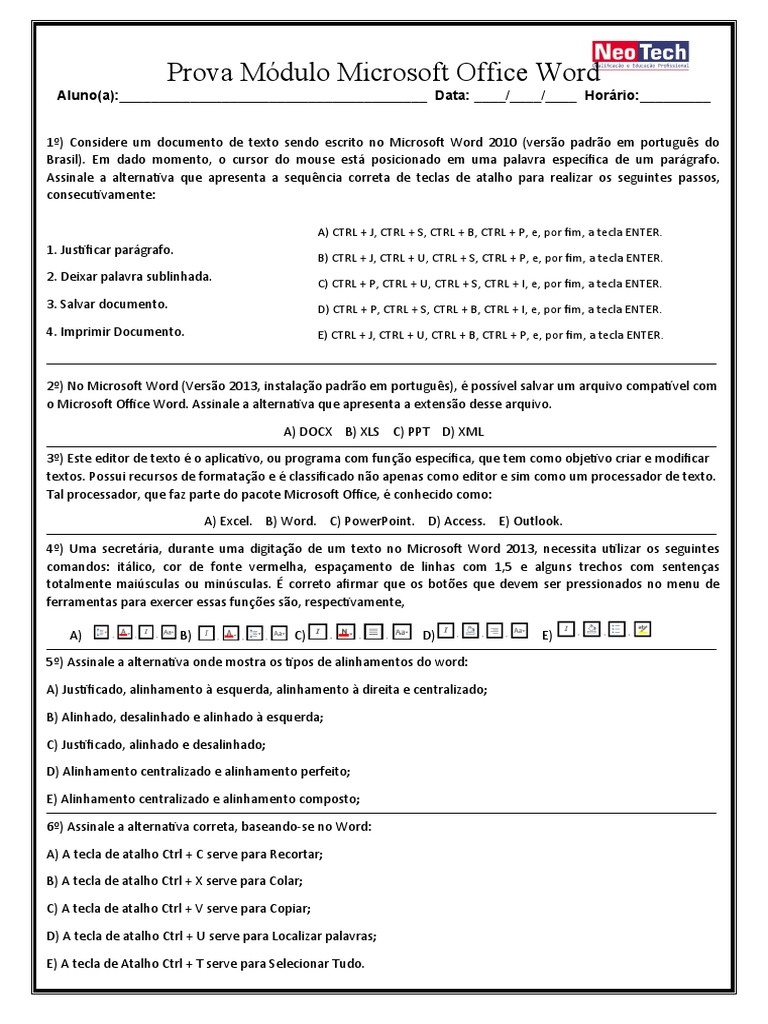 Prova Com Gabarito Word | PDF | Microsoft | Informática