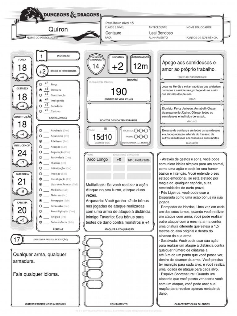 Ficha Quíron PJO RPG | PDF