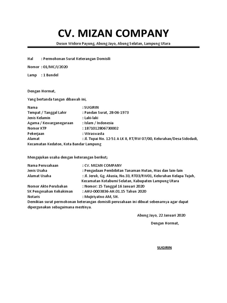 Permohonan Domisili CV. Mizan Company | PDF