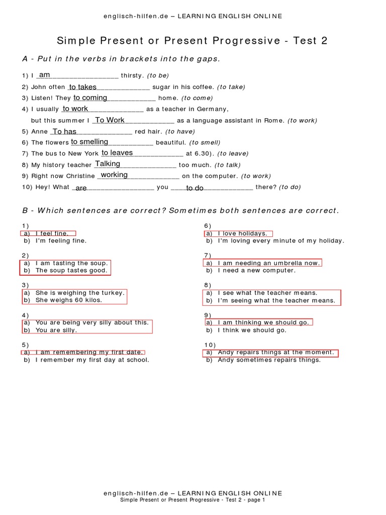 Simple Present vs Present Progressive Test | PDF | Language Mechanics ...