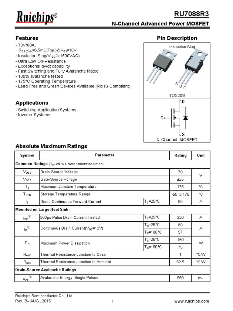 N-Channel Advanced Power MOSFET Pin Description Features: D D D D D D D ...
