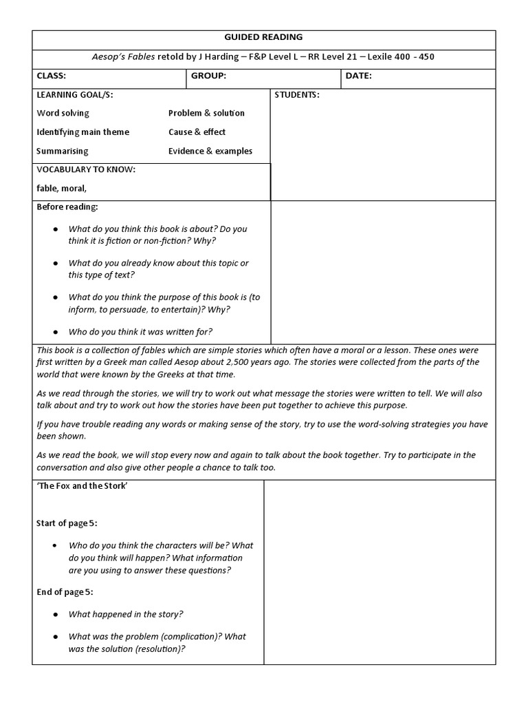 Guided Reading - l21 - F P Level L - Teacher Notes - Aesops Fables ...