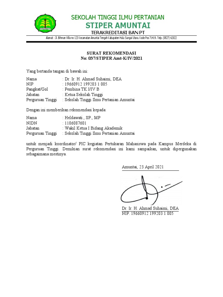 SURAT REKOMENDASI PIC Kampus Merdeka | PDF
